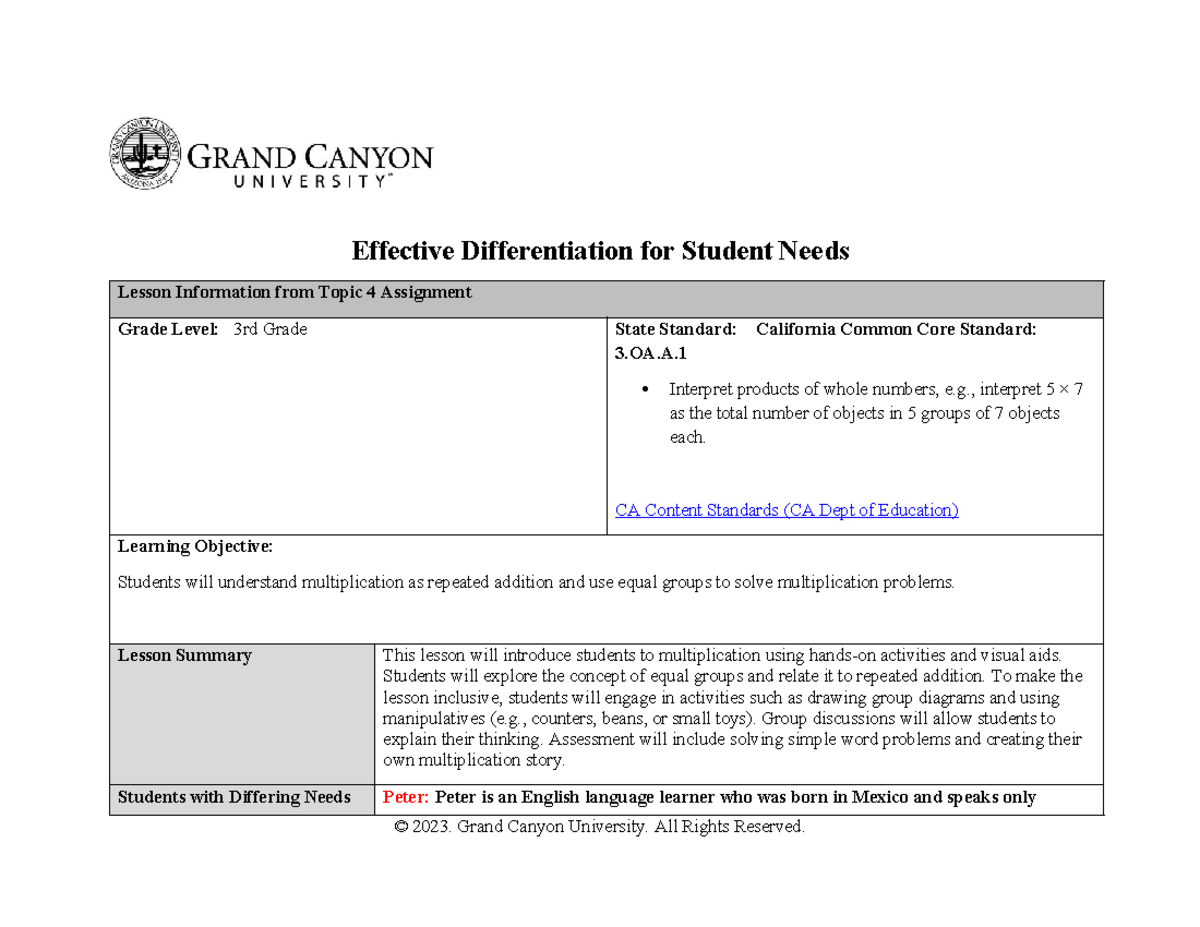 ELM-555-RS-T5-Effective Differentiation Lesson Plan for 3rd Grade - Studocu