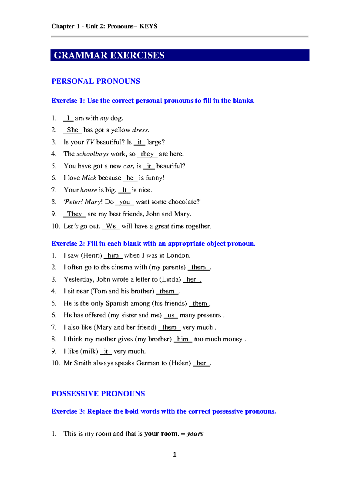 Chapter 1 Unit 2: KEYS Grammar Exercises on Pronouns - Studocu