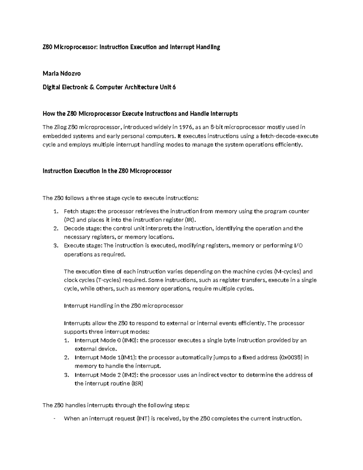 Z80 Microprocessor: Instruction Execution & Interrupt Handling (Unit 6) - Studocu