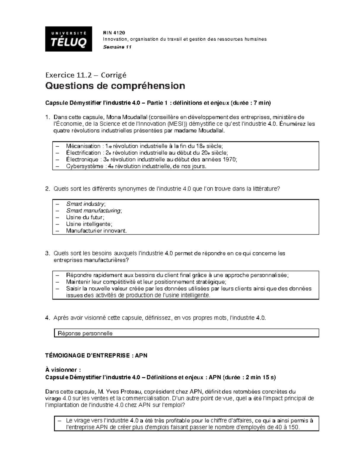 RIN 4120 Exercice 11.2 : Compréhension de l'Industrie 4.0 - Studocu