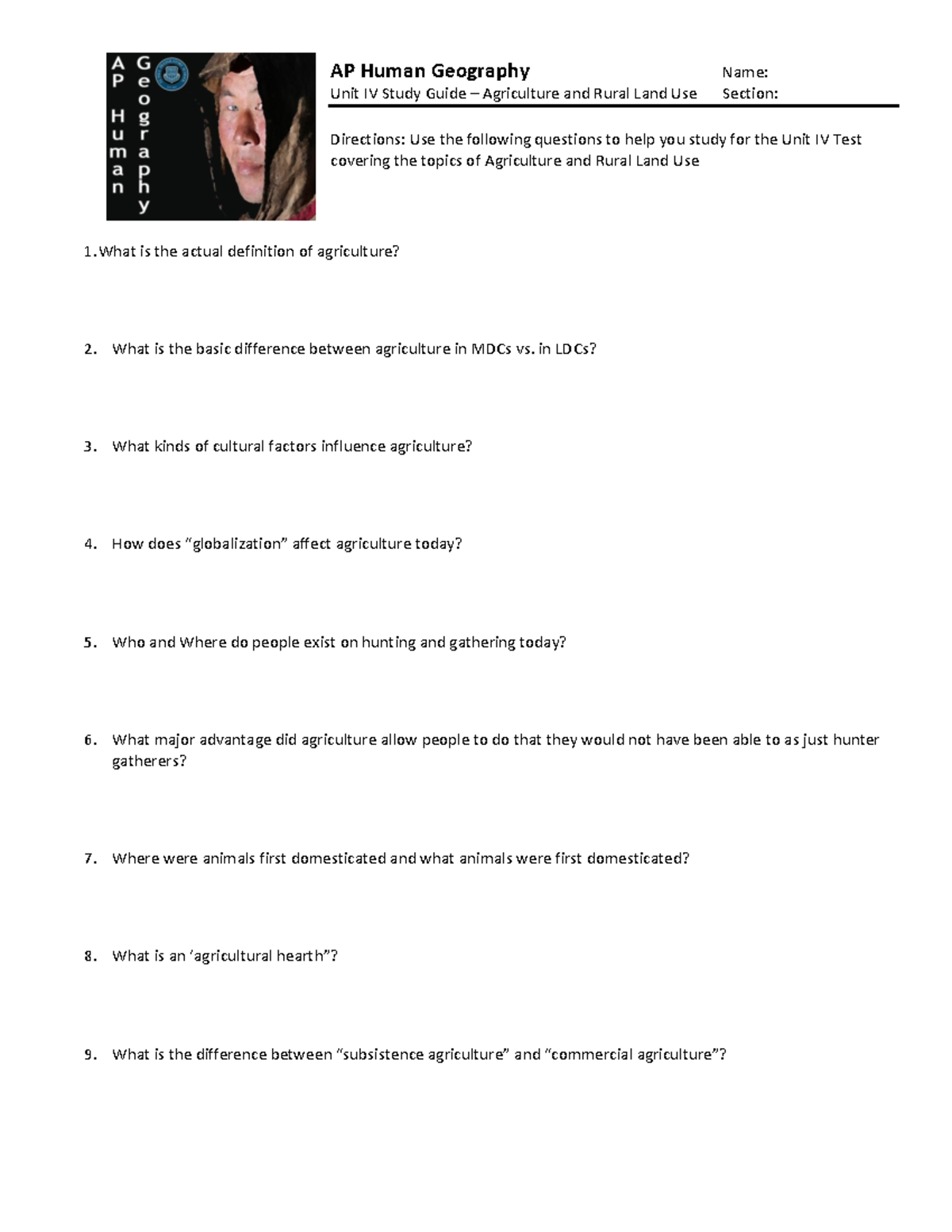 AP Human Geography Unit IV Study Guide: Agriculture & Rural Land Use ...