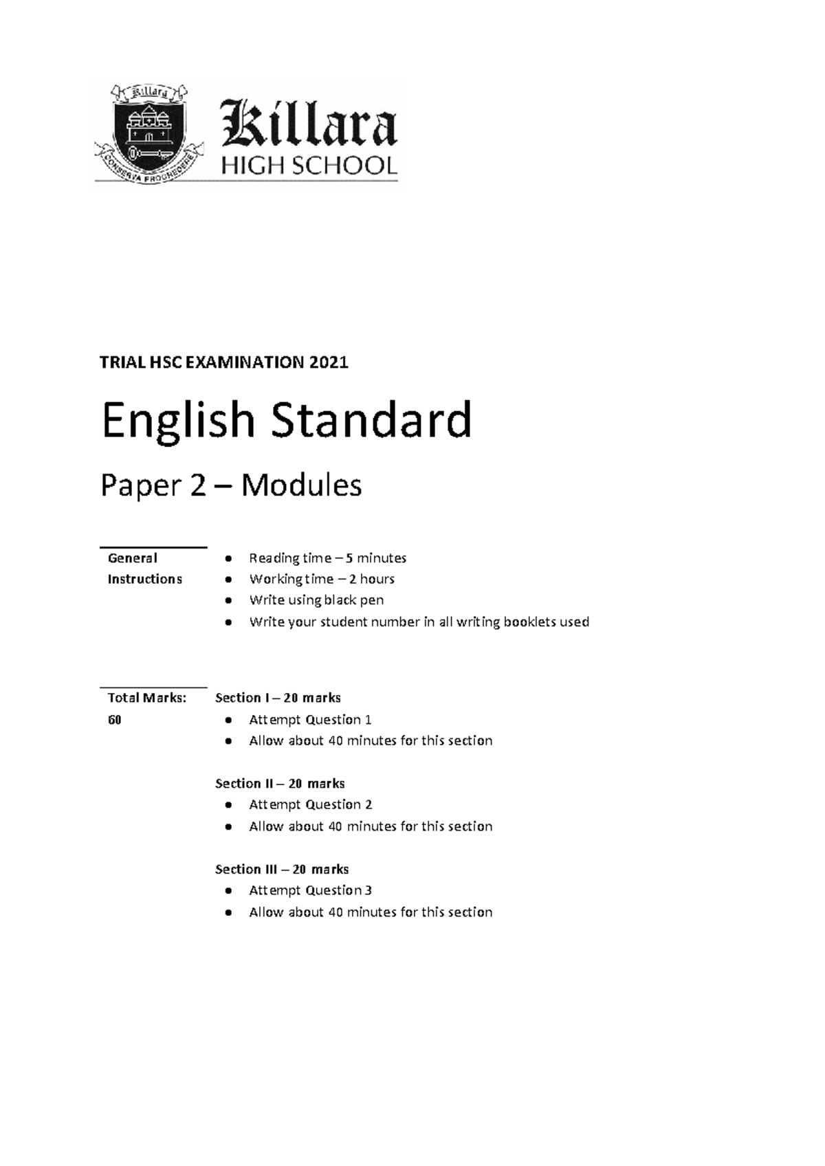 Killara 2021 English Std Trial Exam Paper 2 - Modules Overview - Studocu