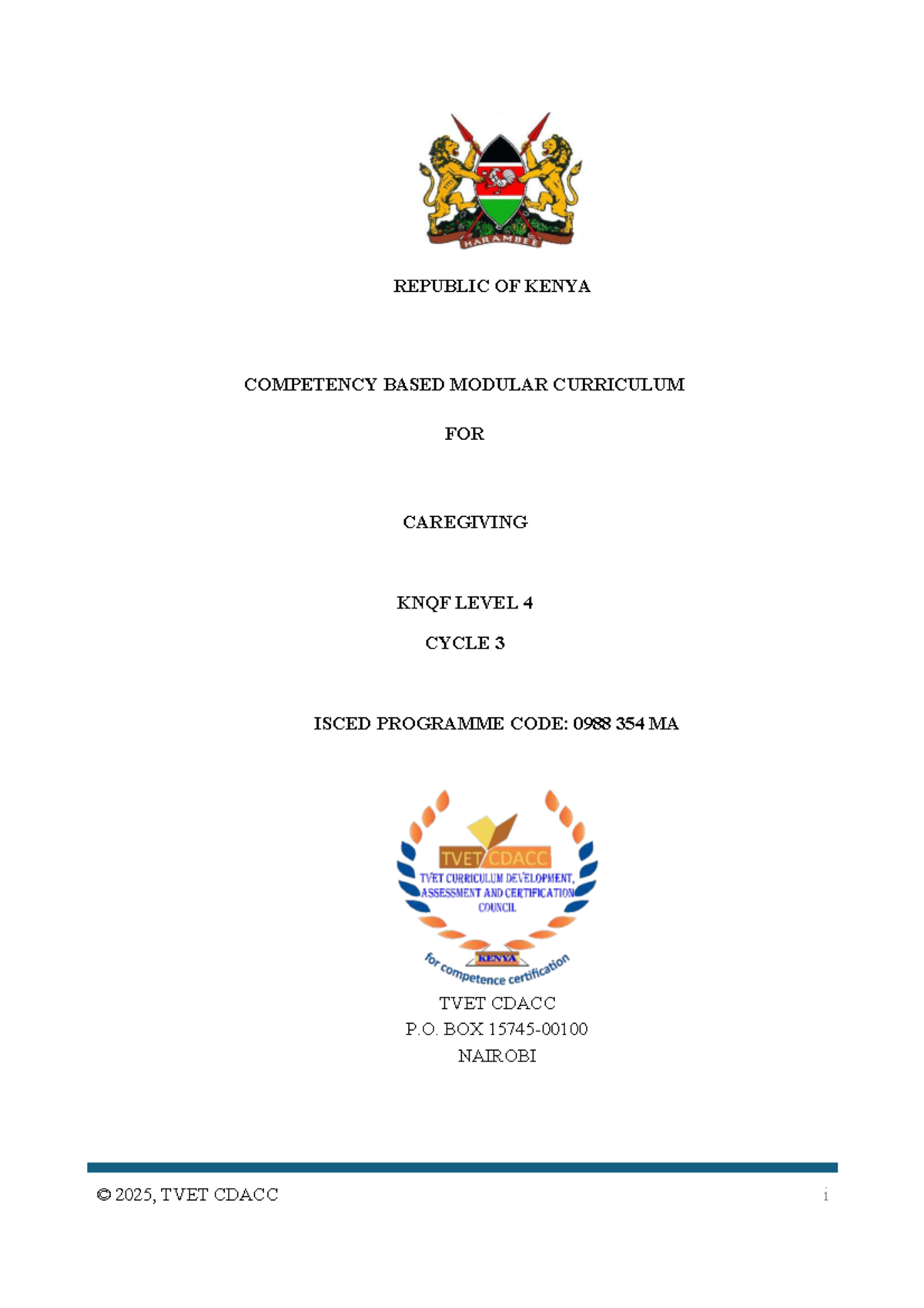 Kenya Competency-Based Curriculum for Caregiving (KNQF Level 4) 2025 ...