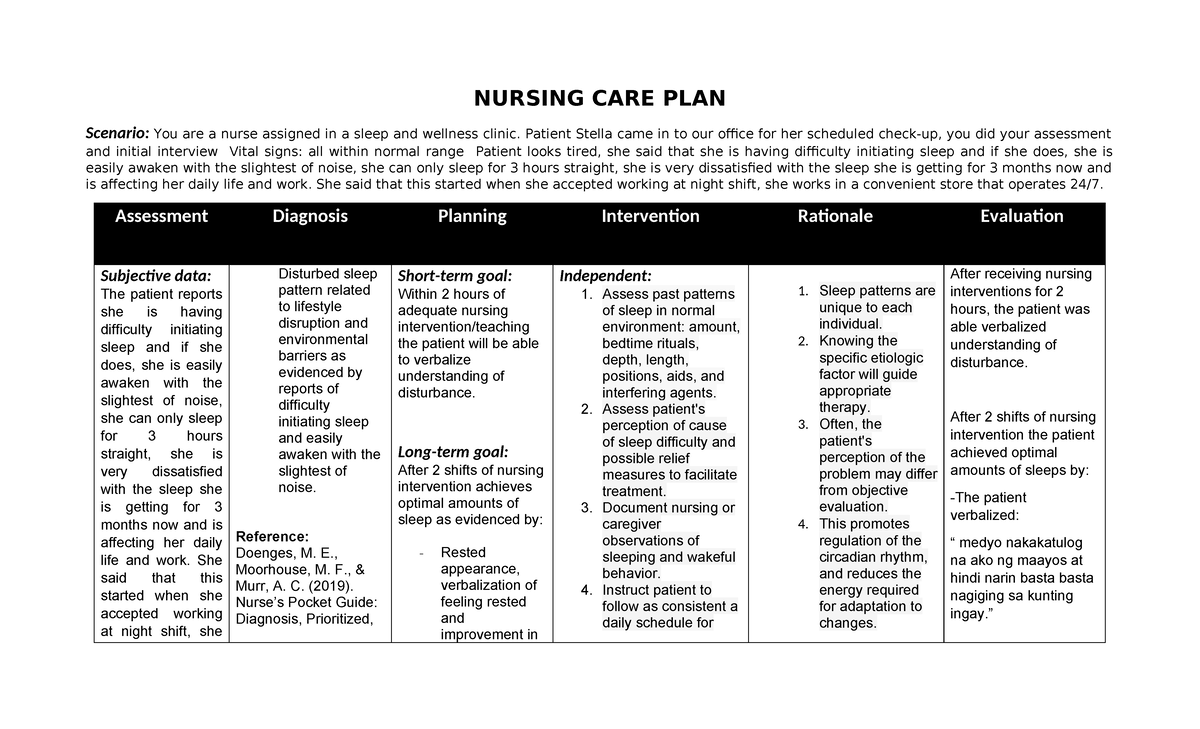 NURS 101: Nursing Care Plan for Sleep Disturbance in Night Shift Worker ...