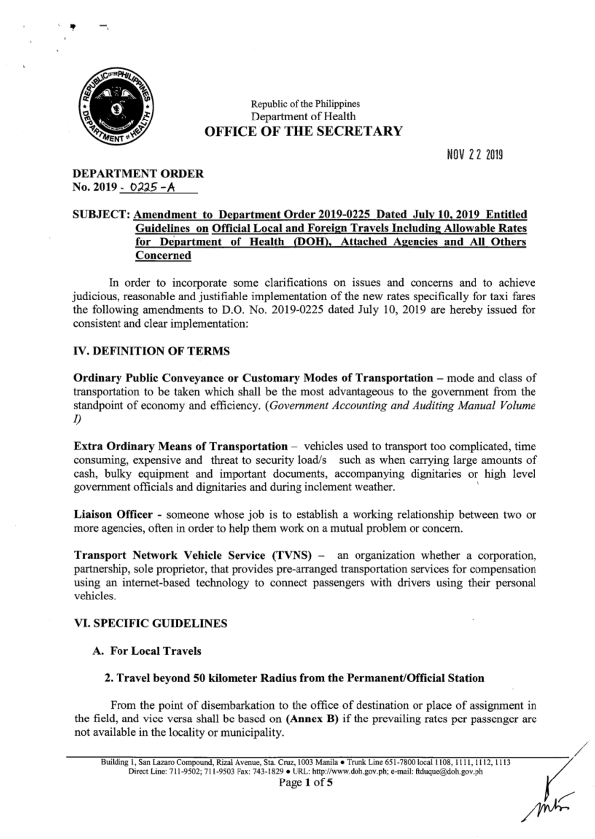 Amendment to DOH Order 2019-0225-A: Guidelines on Travel Expenses - Studocu