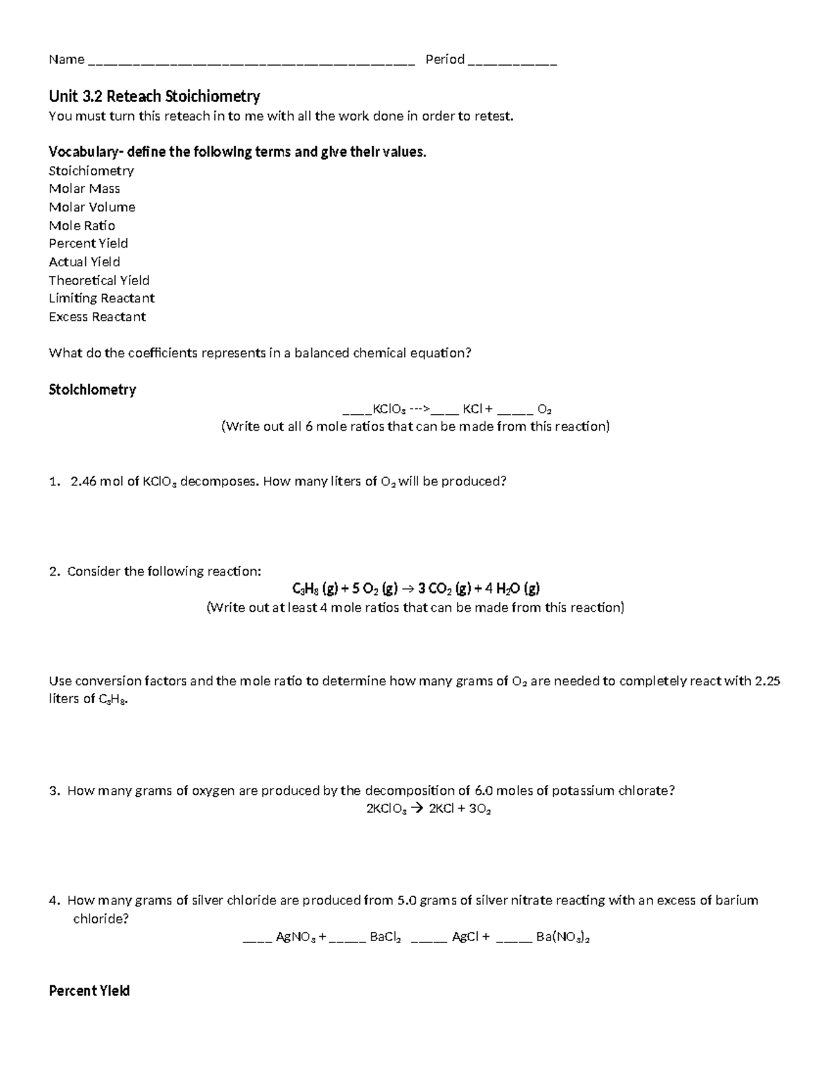 Stoichiometry Reteach for Unit 3.2: Calculation & Concepts - Studocu