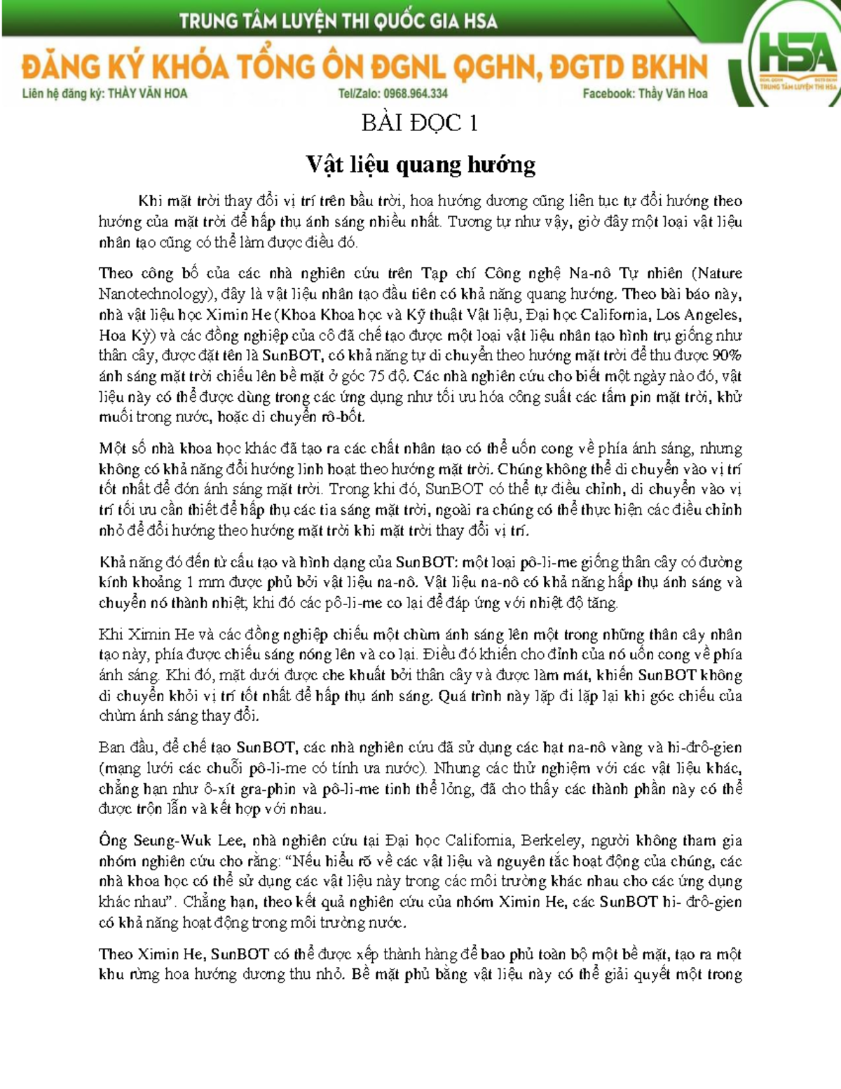BÀI ĐỌC 1: Vật liệu quang hướng SunBOT và ứng dụng trong năng lượng mặt trời - Studocu