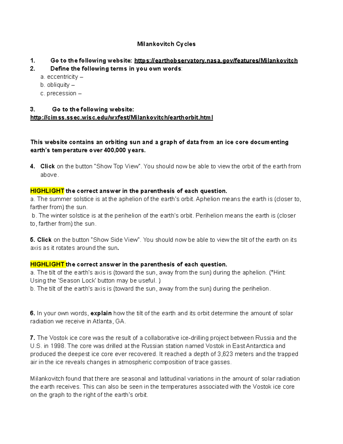 Milankovitch Cycles Lesson Notes and Interactive Activities - Studocu