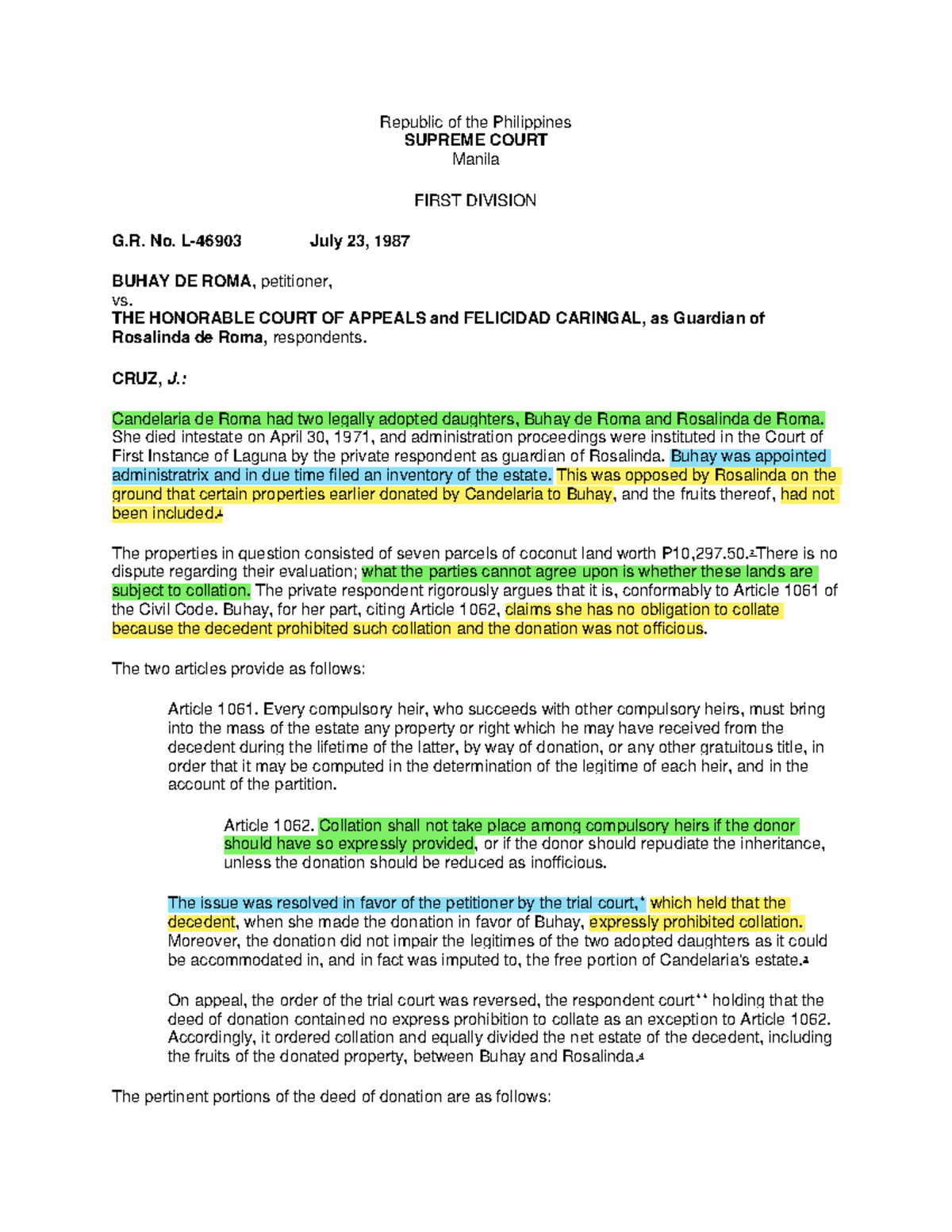 3. G.R. No. L-46903 - Cases in succession (legitime) with highlights ...