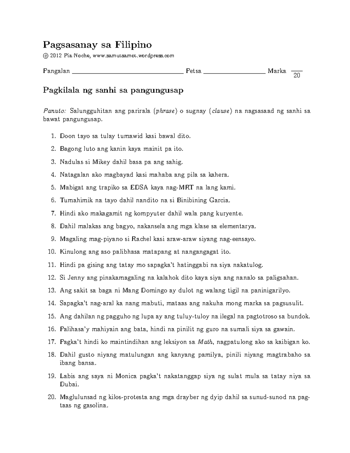 Filipino 7 sanhi at bunga worksheet 3 - Pagsasanay sa Filipino © c 2012 ...