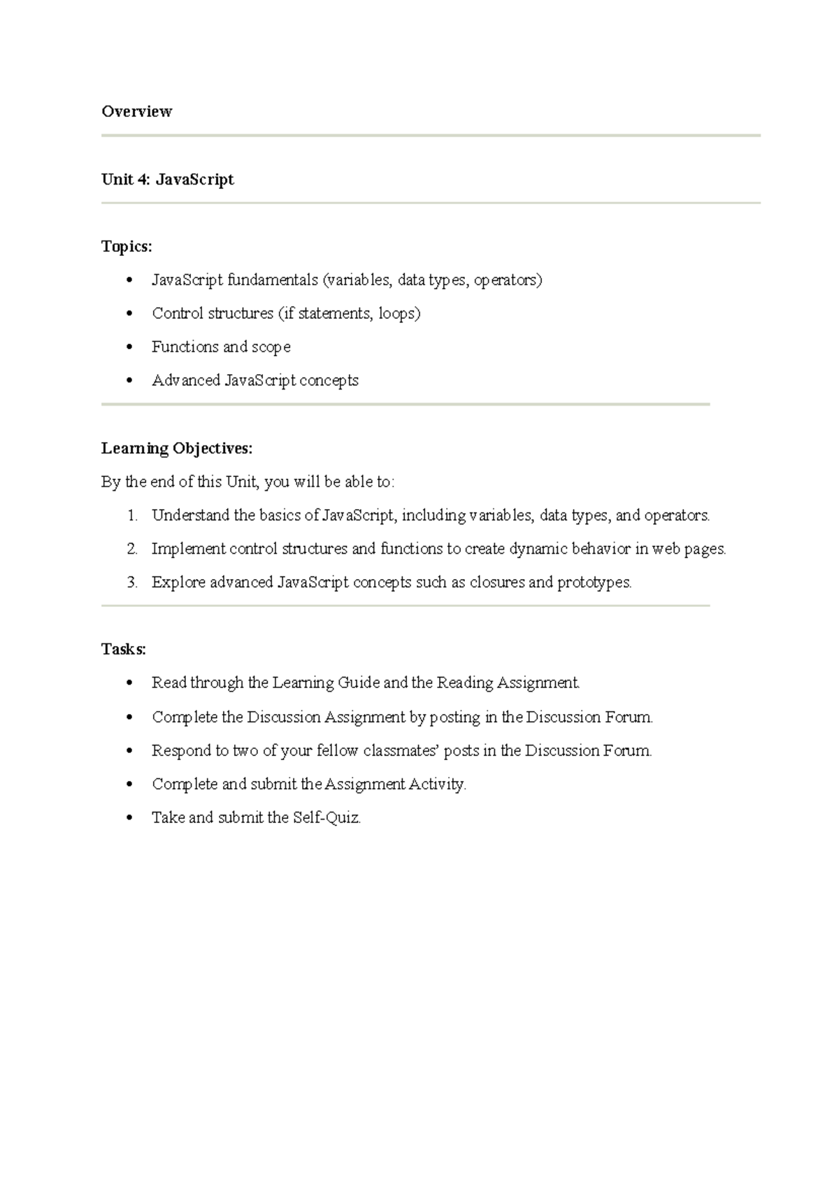 Week 4 Overview: JavaScript Fundamentals & Advanced Concepts - Studocu