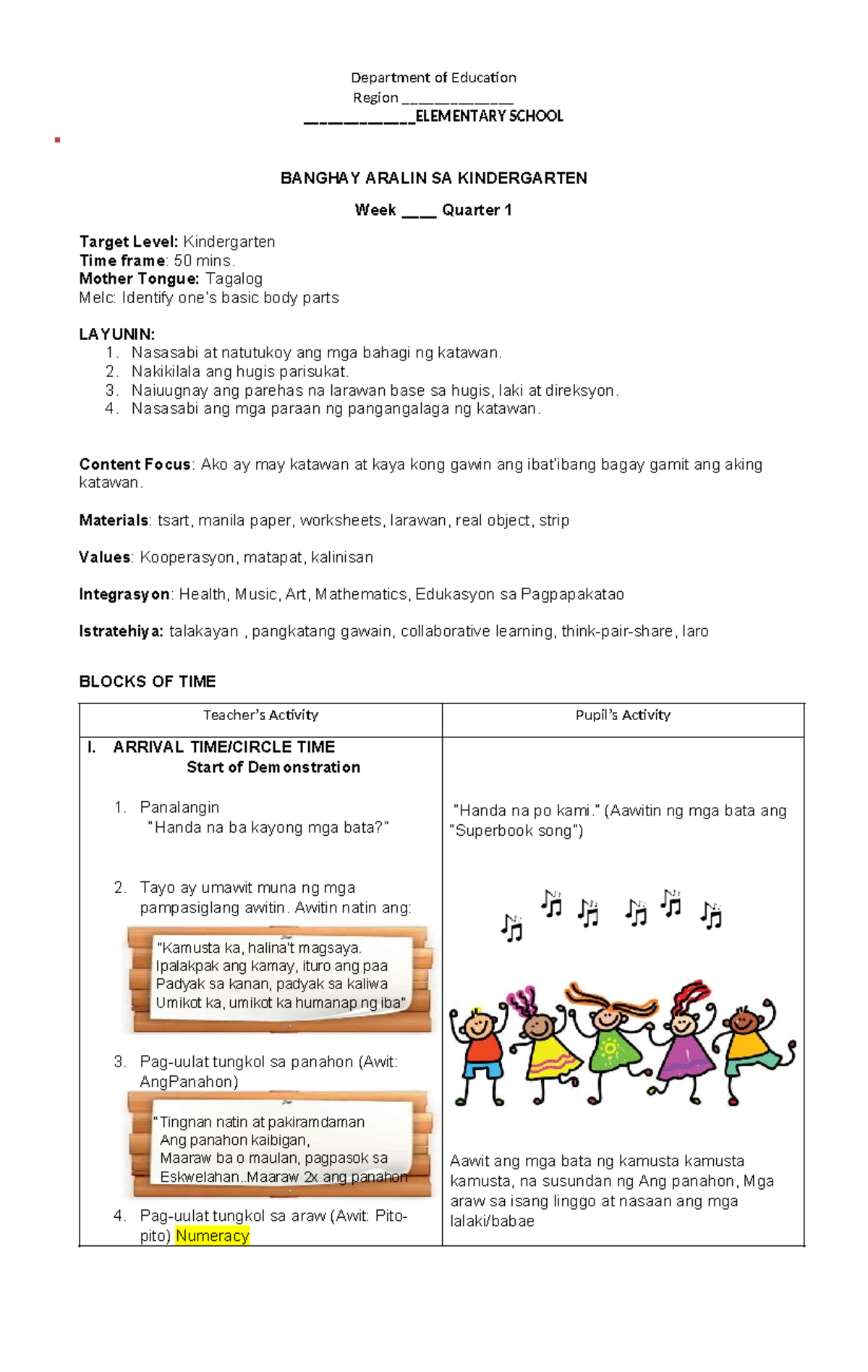 DLP COT Quarter 1: Bahagi ng Katawan sa Kindergarten - Studocu