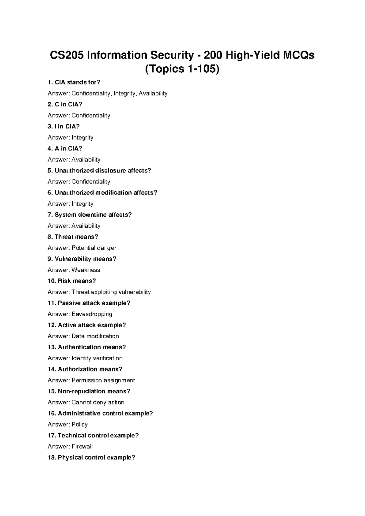 CS205 Information Security: 200 MCQs on Key Concepts - Studocu