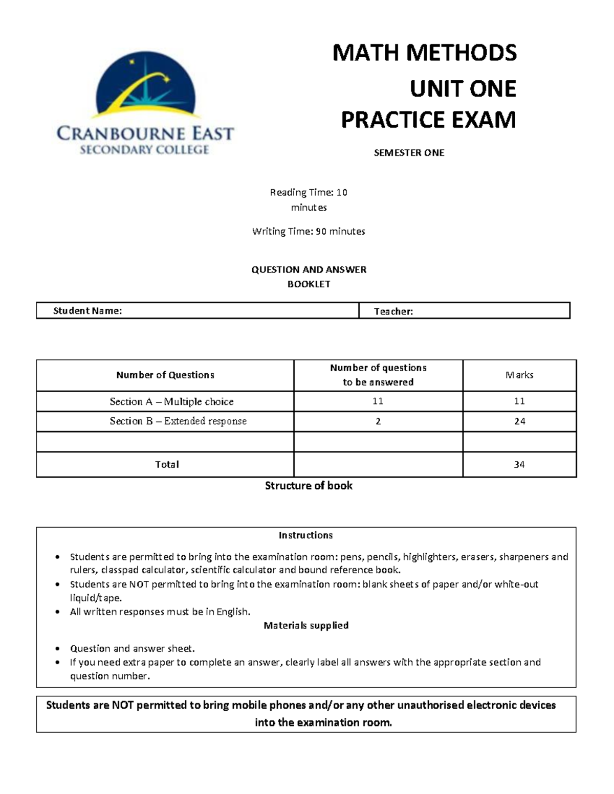 MATH METHODS MATH101 UNIT 1 PRACTICE EXAM SEM 1 2023 - Studocu