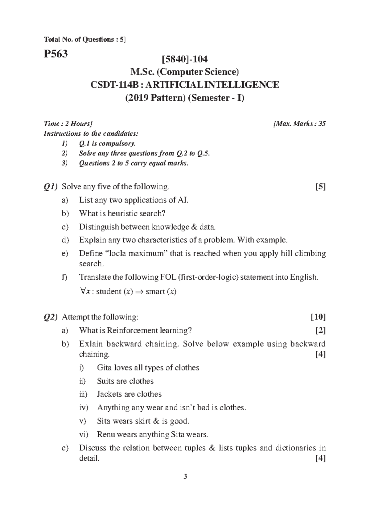 AI PYQ - Question Papers - [5840]-104 3 Total No. of Questions : 5 ...