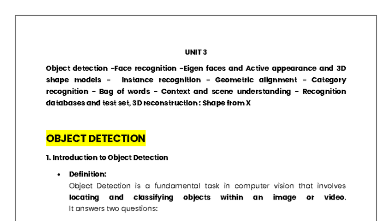 UNIT 3 CV - Object Detection, Recognition, and Challenges in Computer Vision - Studocu