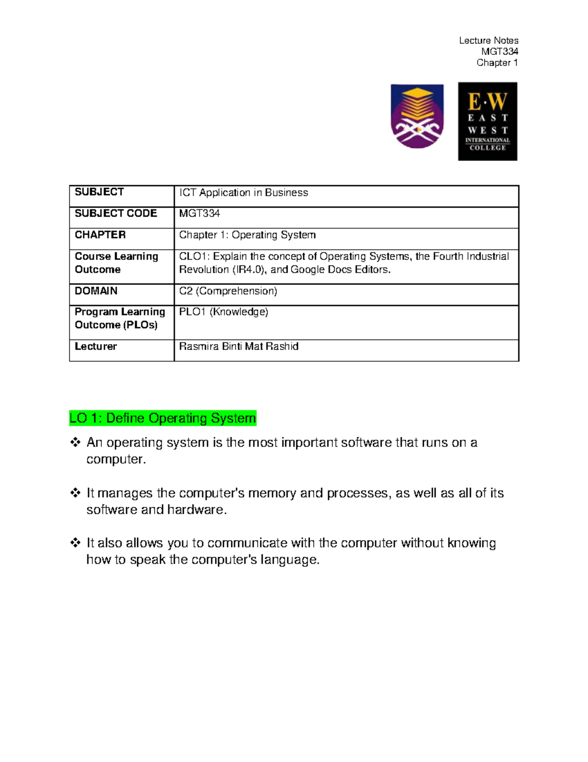 Lecture Notes MGT334: Chapter 1 - Operating Systems Overview - Studocu