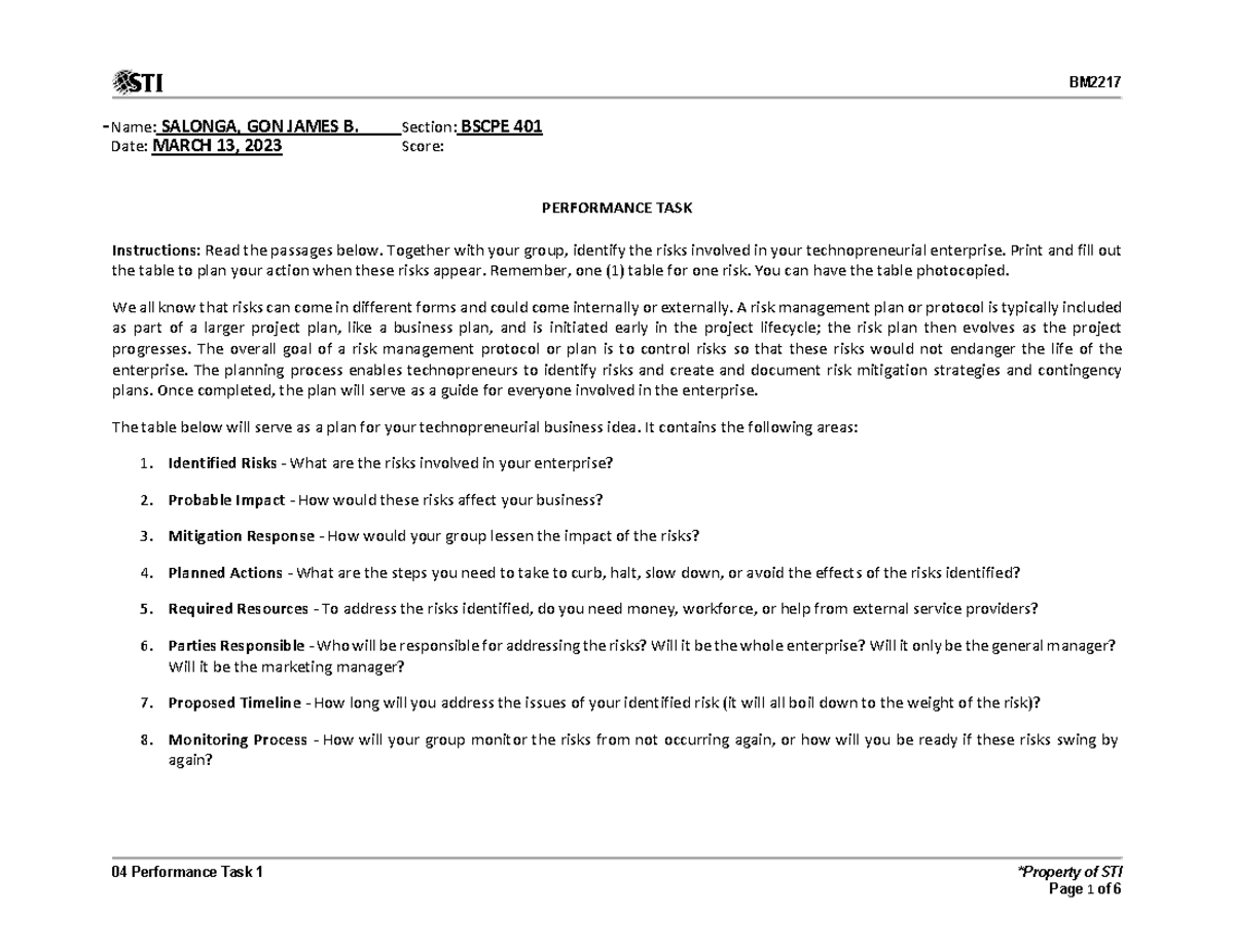 04 Performance Task 1 - Risk Management Plan for Water Works - BSCPE 401 - Studocu
