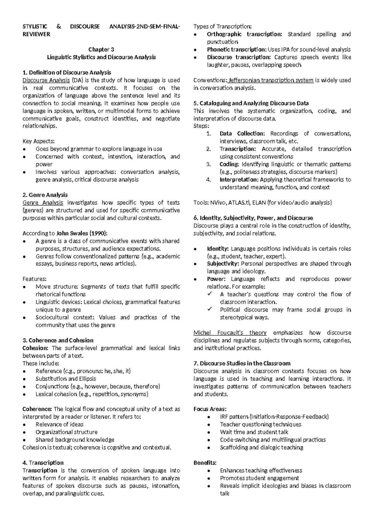 Stylistic 2ND SEM Final Exam Reviewer: Linguistic Stylistics & Discourse - Studocu