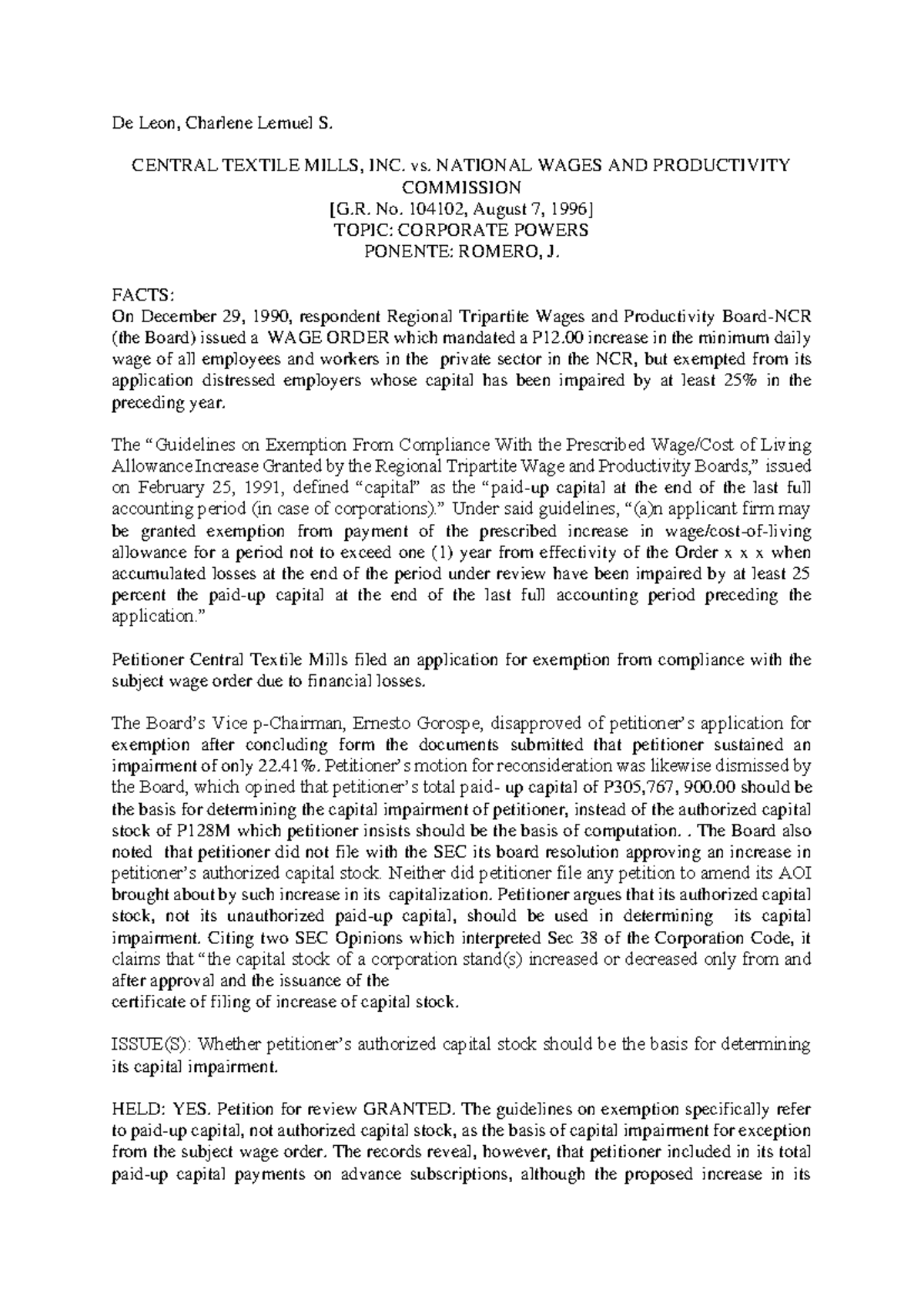 Central Textile Mills, Inc. v. National Wages: Corporate Powers Review ...