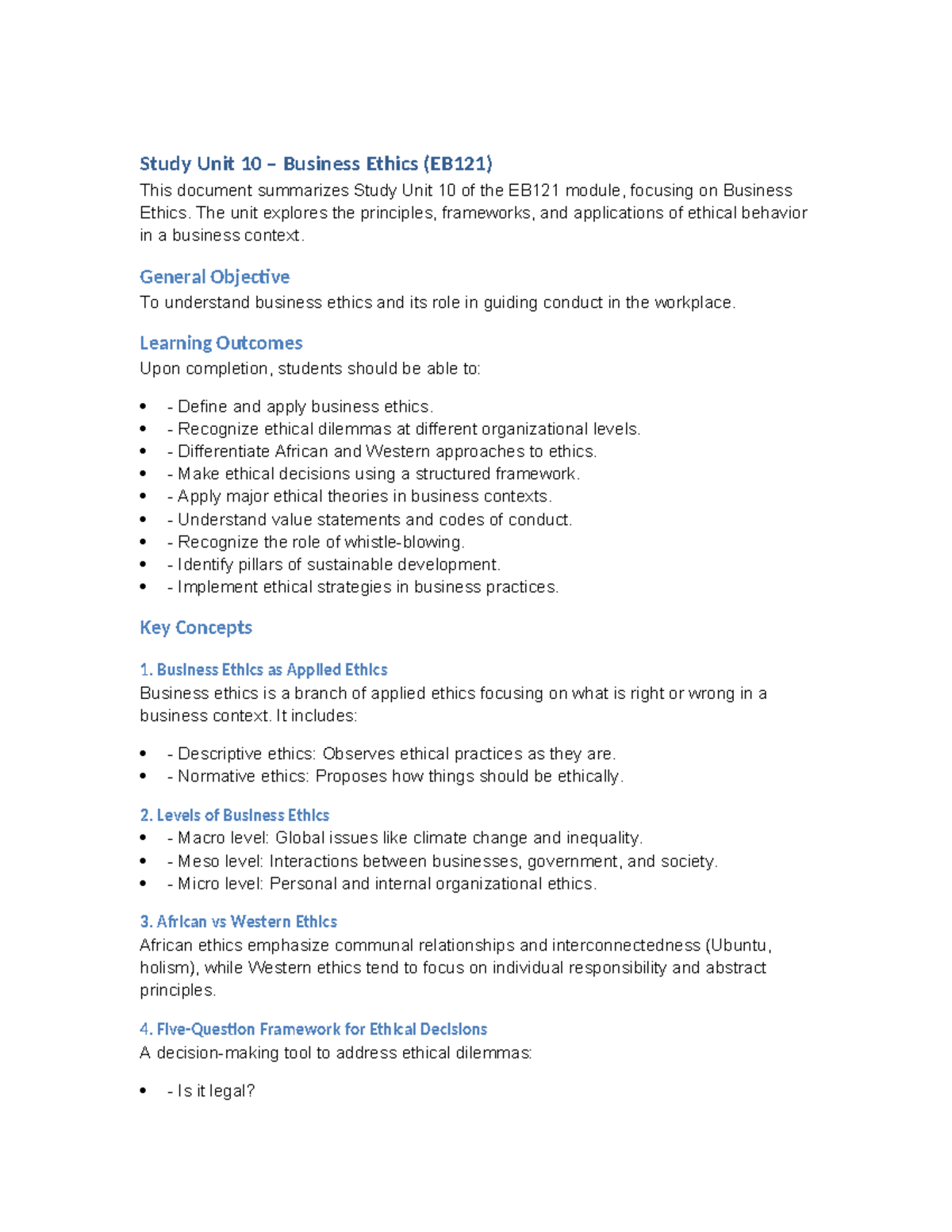 Study Unit 10 Summary: Business Ethics (EB121) Insights - Studocu