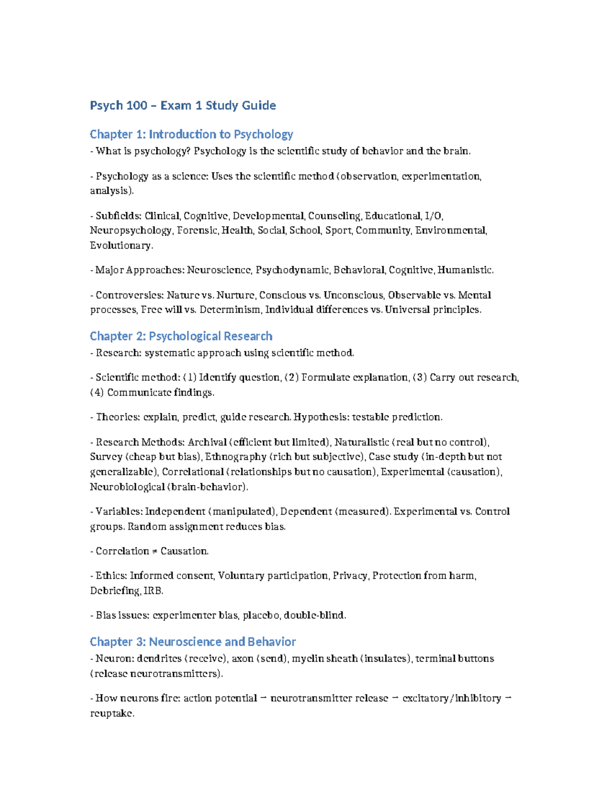 Psych 100 – Final Exam Study Guide: Key Concepts & Research Methods - Studocu