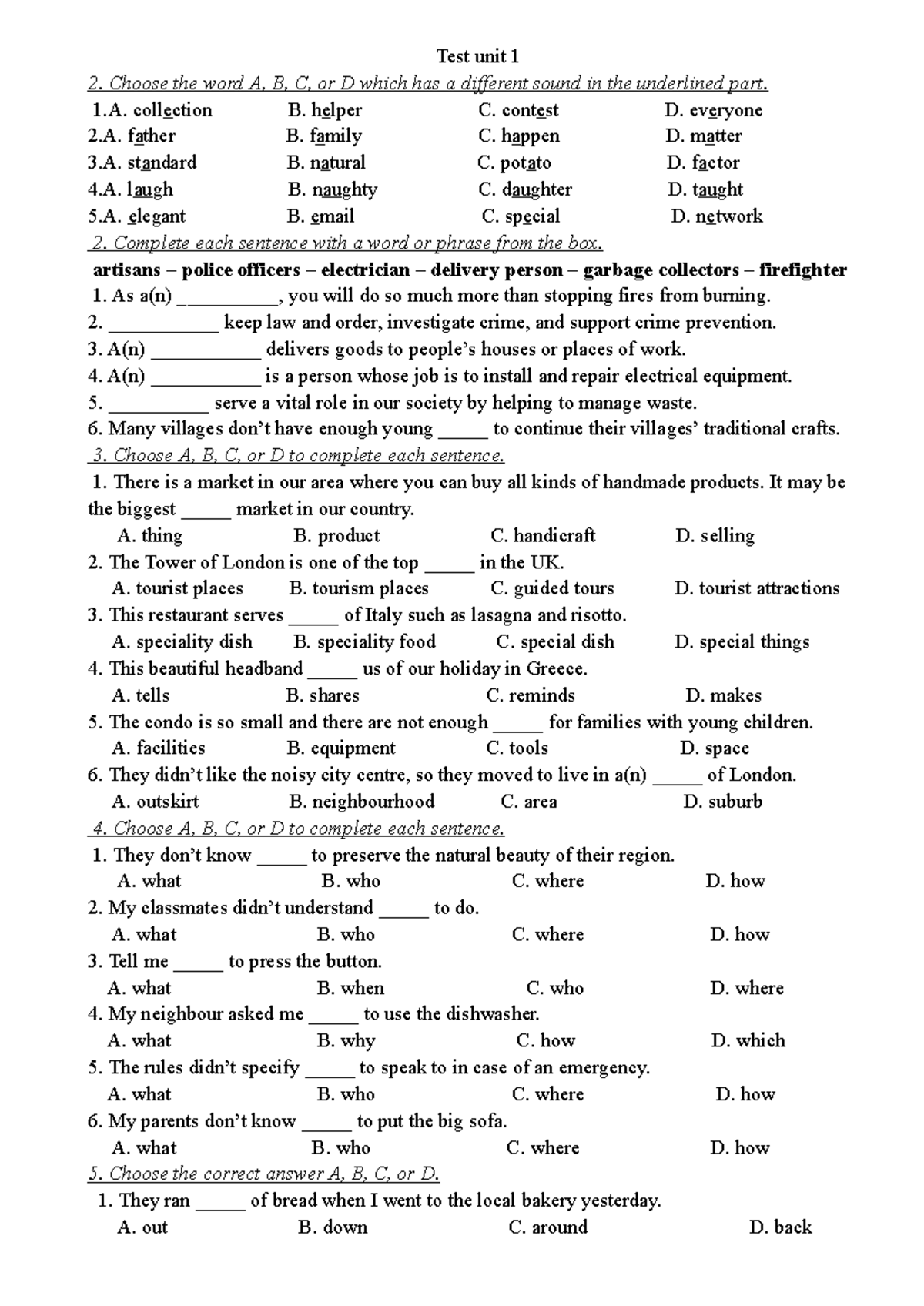 Test Unit 1 SBT - BTH: Sound Discrimination and Vocabulary Exercises ...