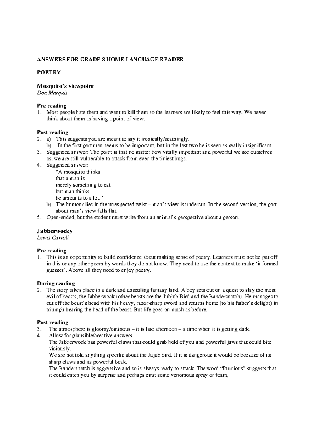 Grade 8 Home Language Poetry Reader: Insights & Analysis Notes - Studocu