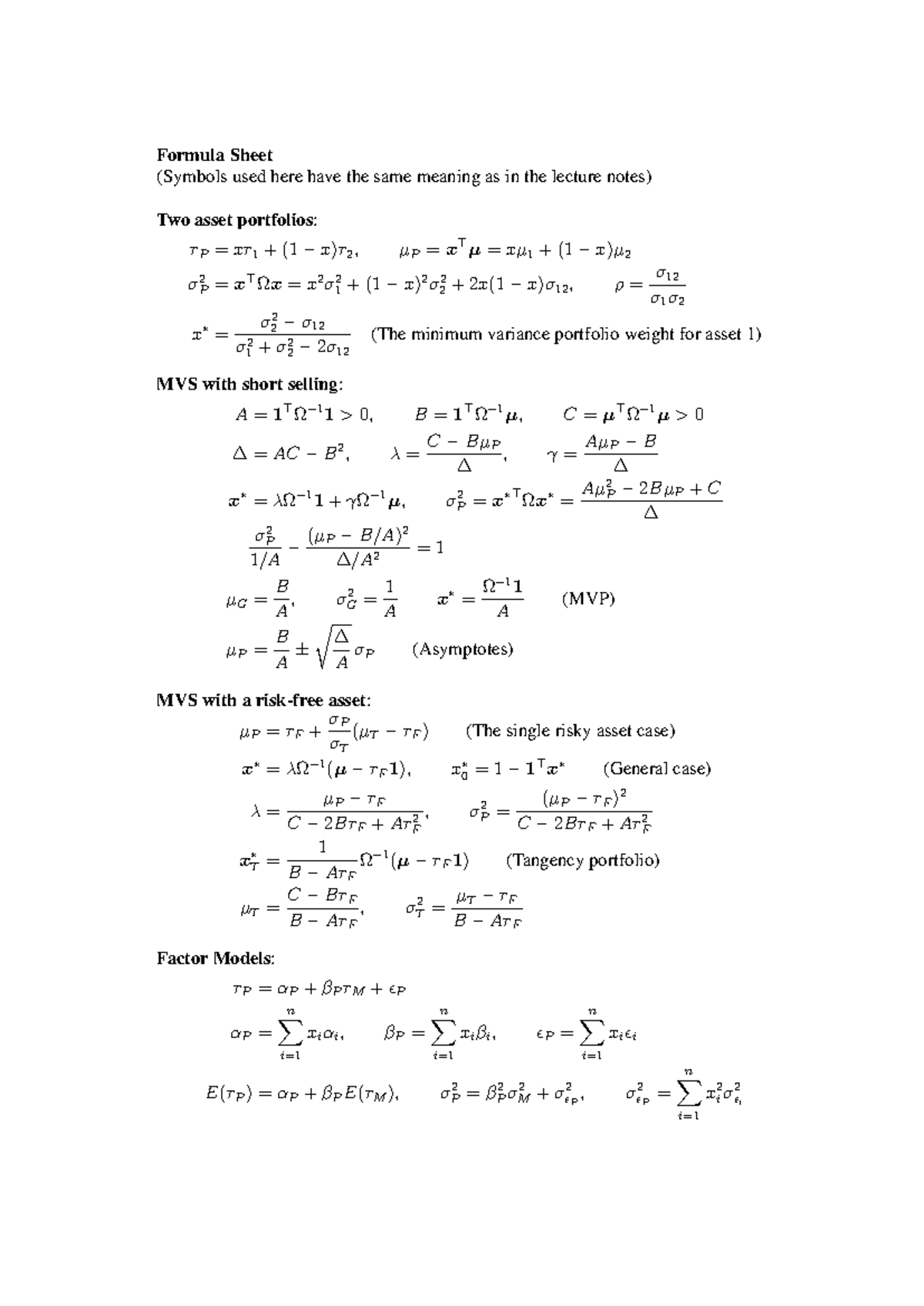 Final Exam Formula Sheet for Two Asset Portfolios (Course Code) - Studocu