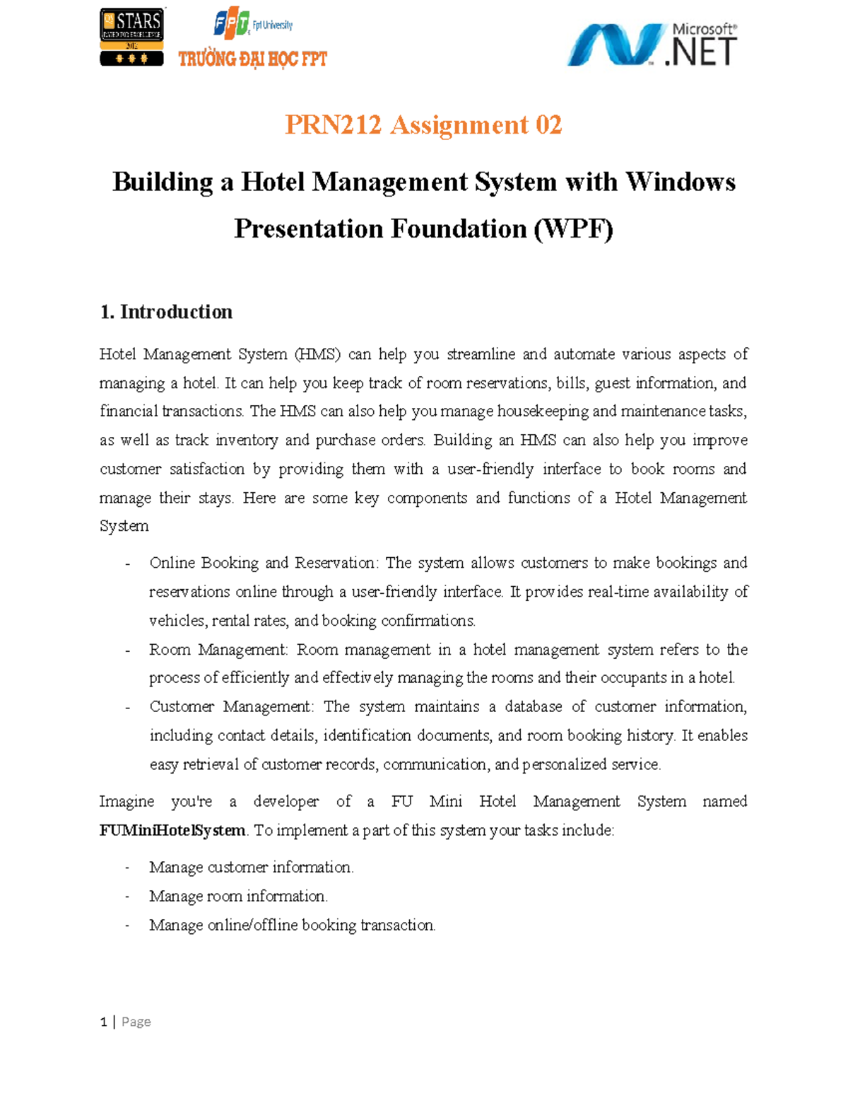 PRN212 Assignment 02: WPF Hotel Management System Development - Studocu