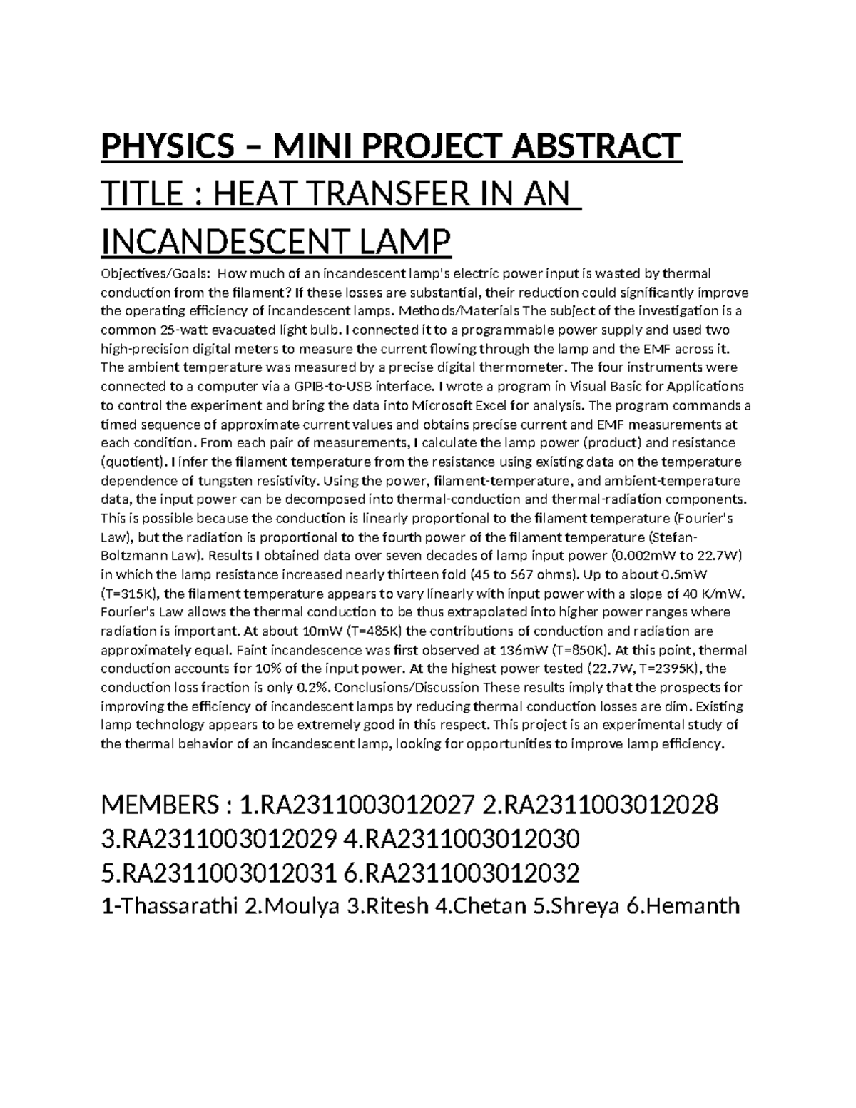 Physics MINI Project Abstract - PHYSICS – MINI PROJECT ABSTRACT TITLE ...