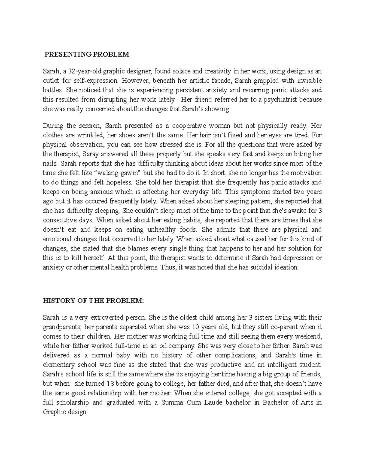 Sarah's Case Study: Mental Health Evaluation of Anxiety & Trauma - Studocu