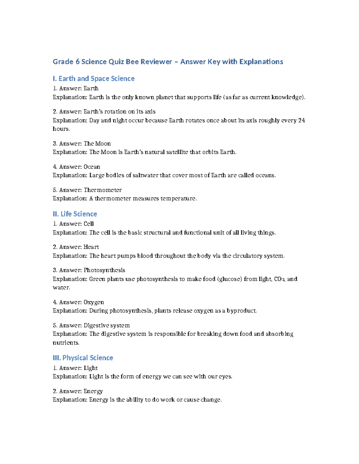 Grade 6 Science Quiz Bee Reviewer Answer Key with Explanations - Studocu