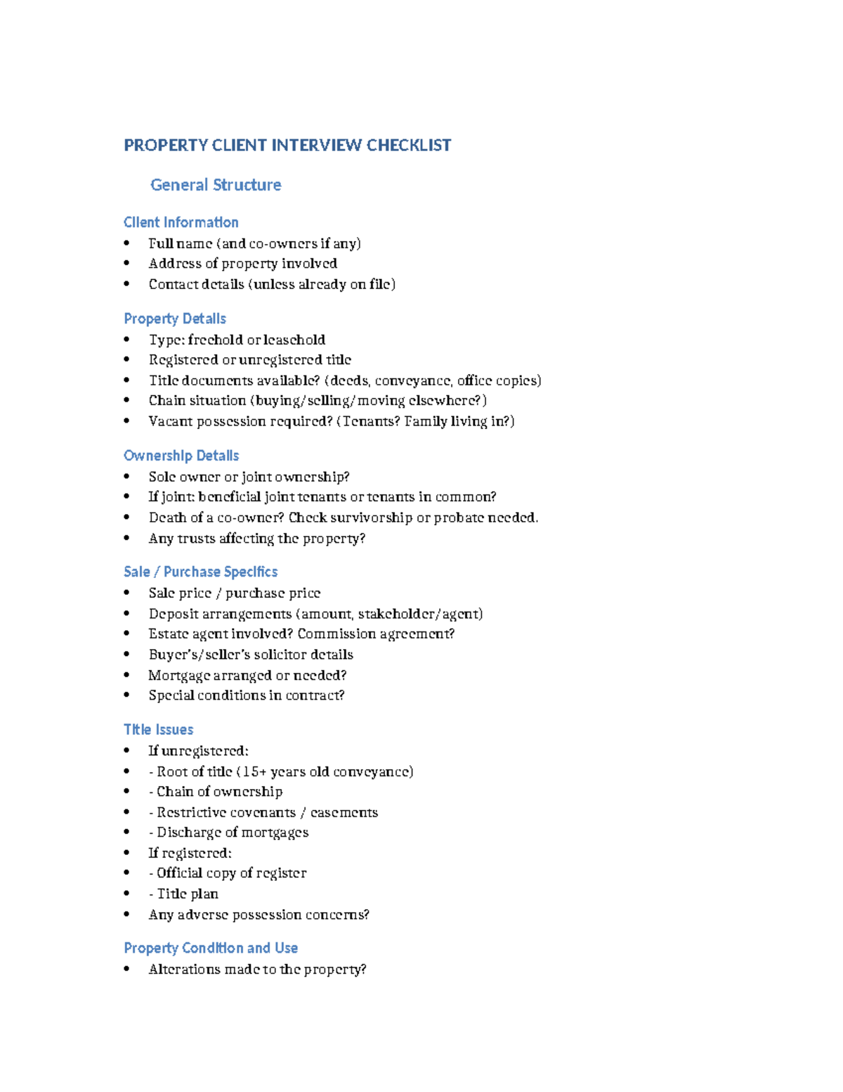 Property Client Interview Checklist - PROPERTY CLIENT INTERVIEW ...