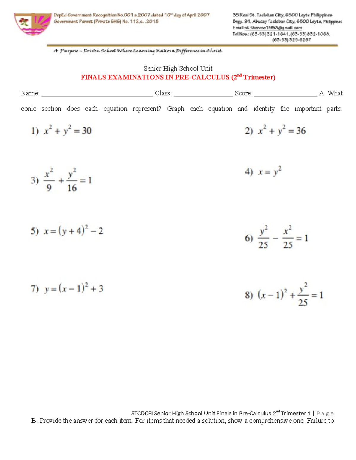 Pre-Cal Finals 2021: Comprehensive Exam Guide for 2nd Trimester - Studocu