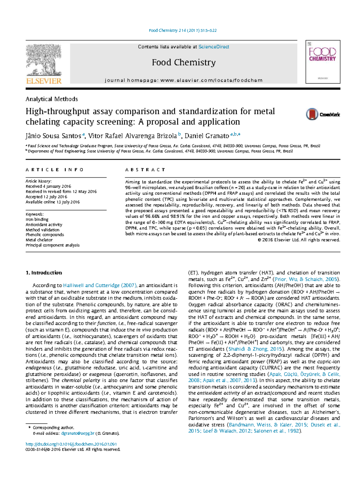 Standardization of Metal Chelating Assays in Food Chemistry 214 - Studocu