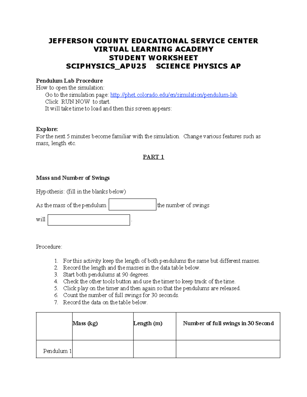 SCI AP Physics U 25 Pendulum Lab Procedure & Student Worksheet - Studocu