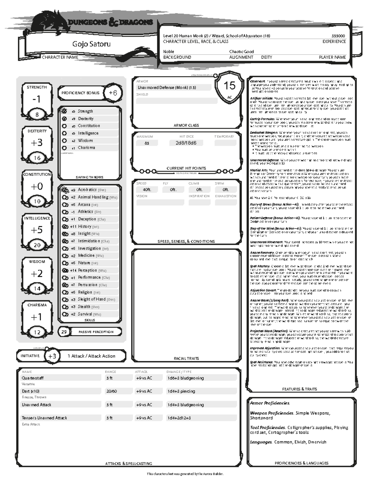 Level 20 Human Monk & Wizard (School of Abjuration) Character Sheet ...