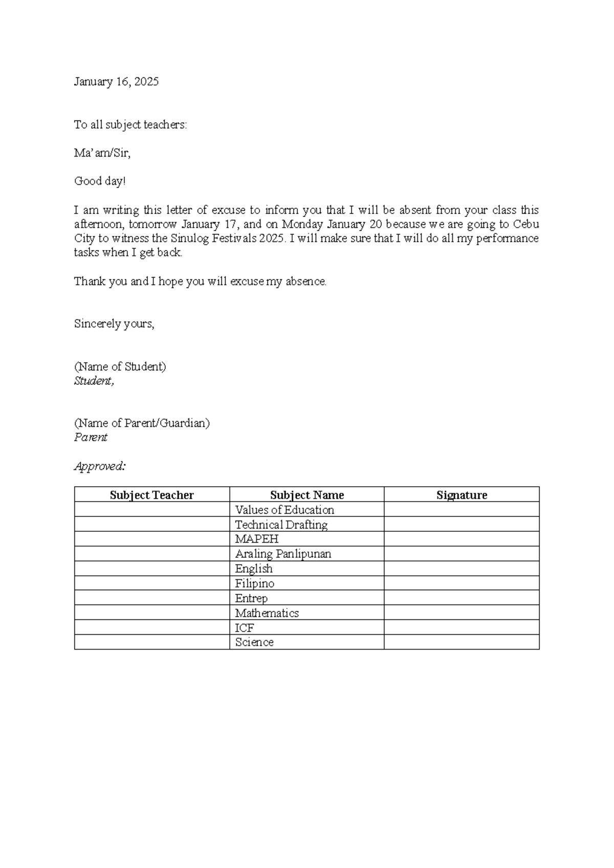 Excuse Letter for Absence During Sinulog Festivals 2025 - Studocu