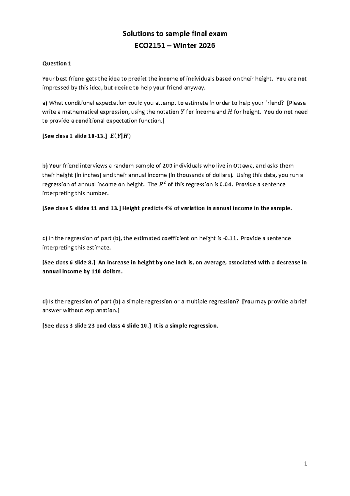 Solutions to Sample Final Exam ECO2151 - Winter 2026 - Studocu