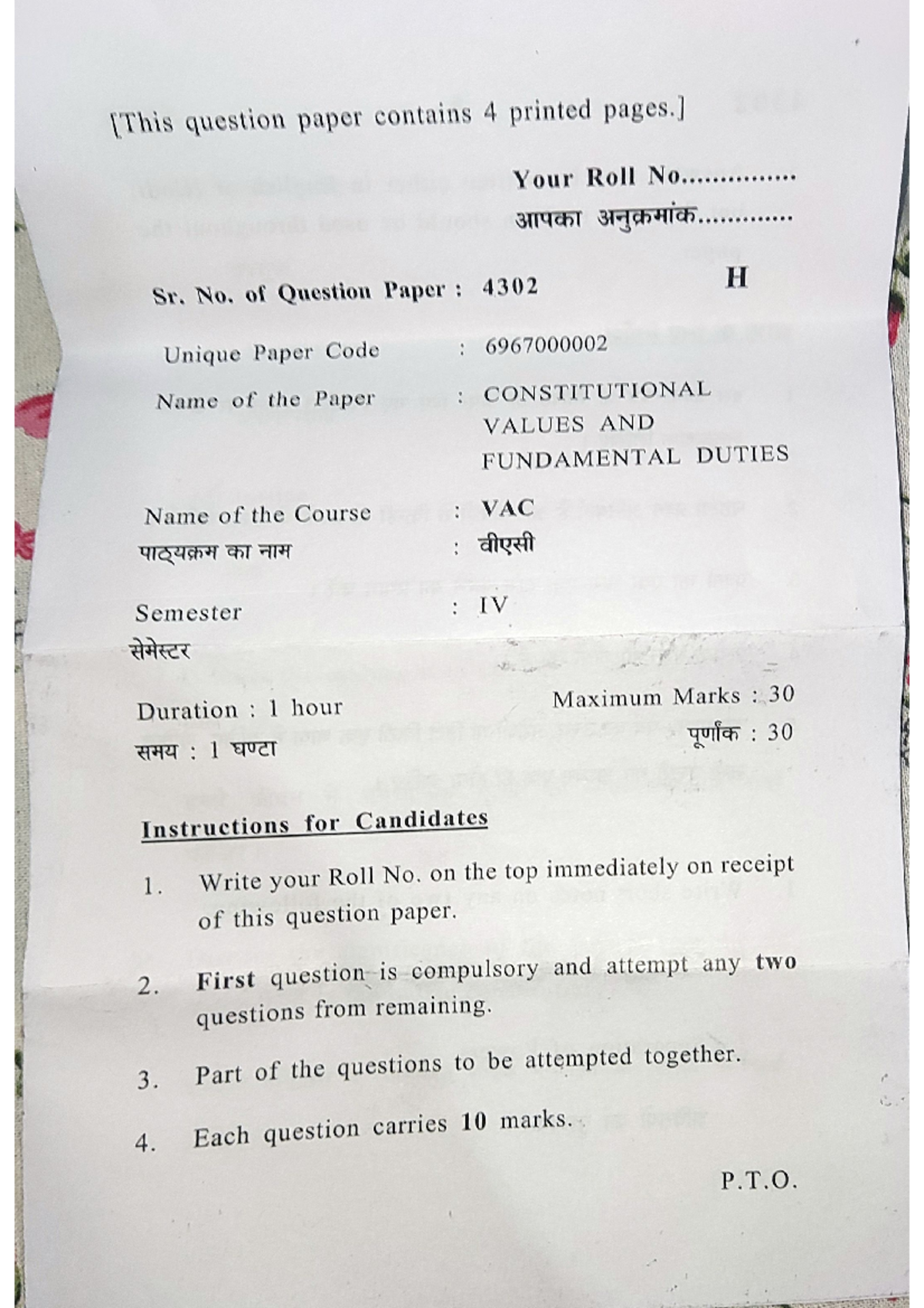 Constitutional Values and Fundamental Duties (VAC) - Semester 4 PYQP 2024 - Studocu