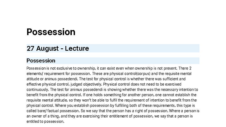 Possession Law Lecture Notes (27 Aug - 10 Sep) - Studocu
