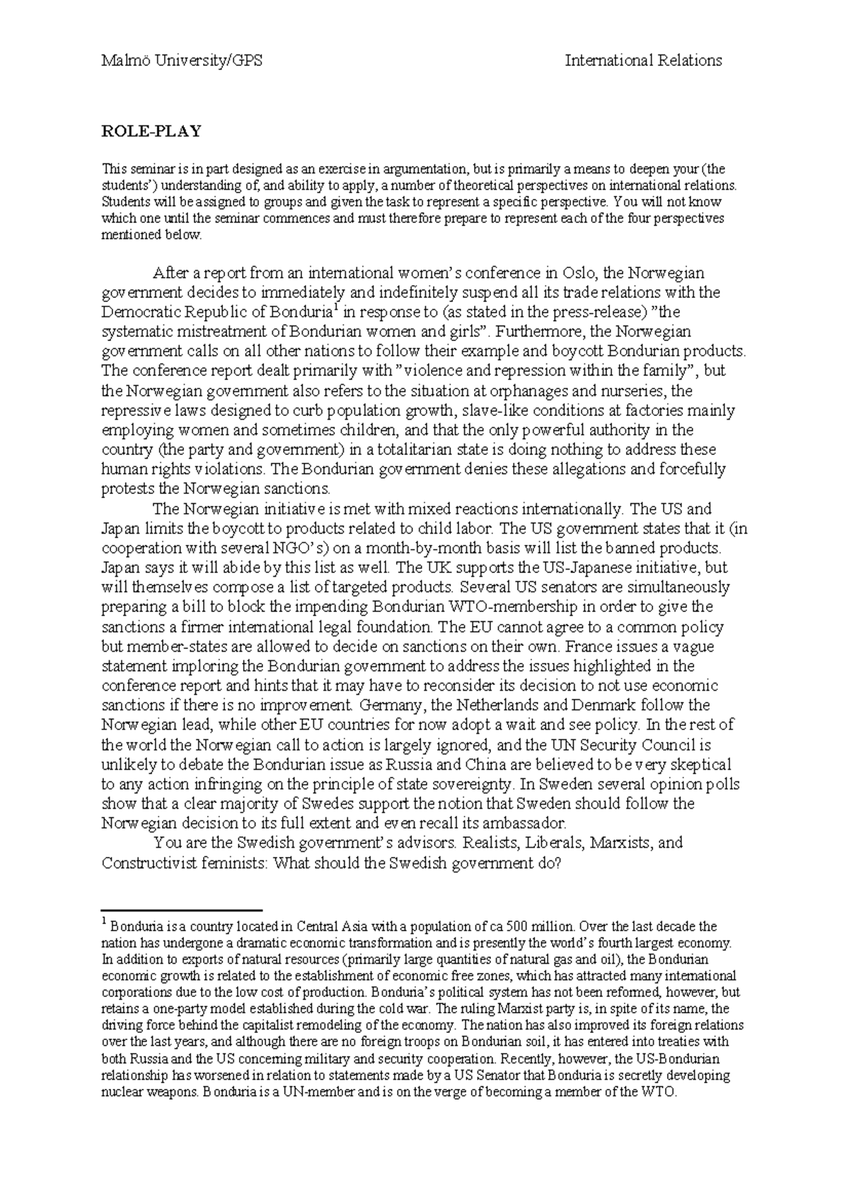 Seminar Instructions: Role Play in International Relations IR101 - Studocu