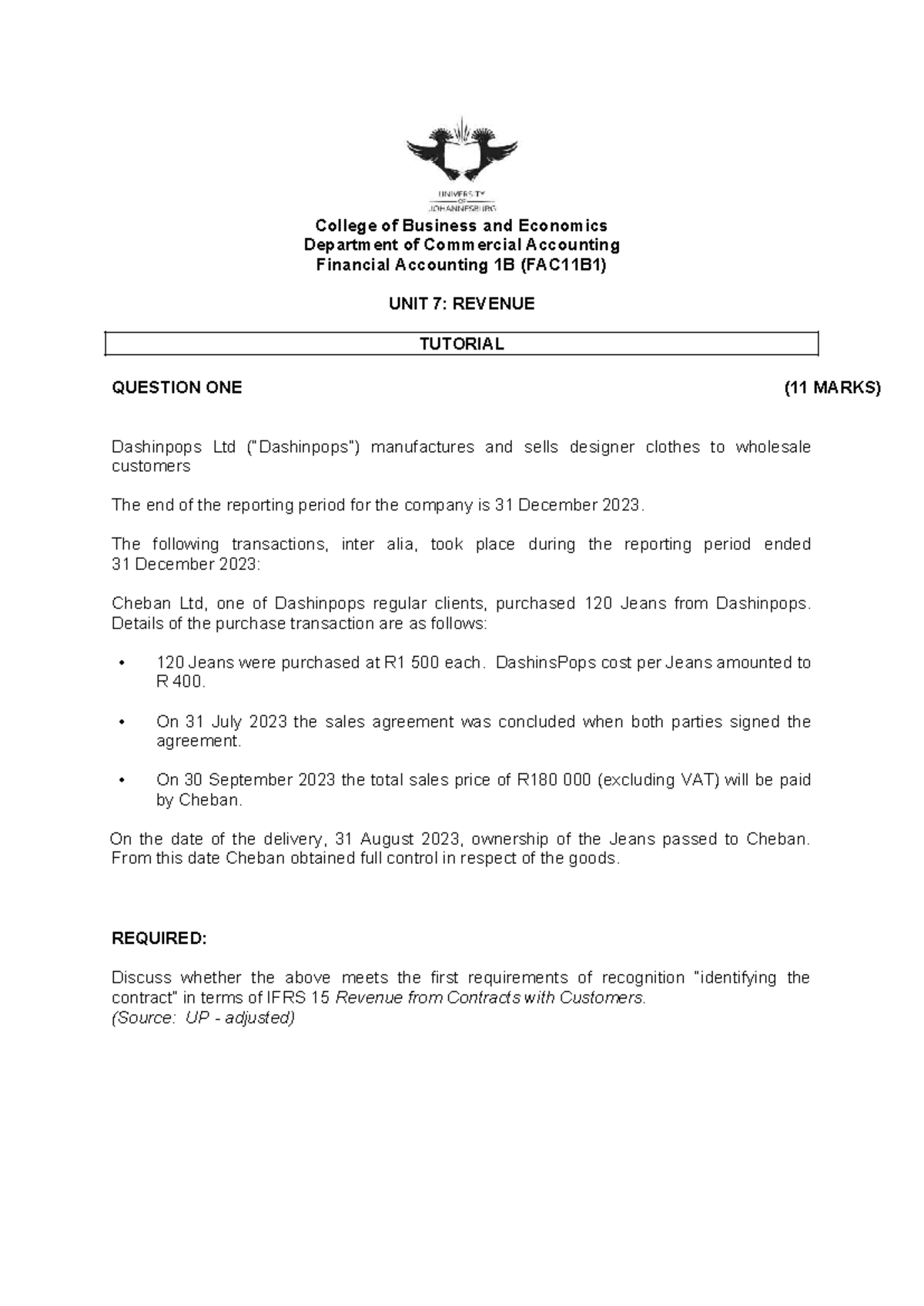 FAC11B1: Revenue Tutorial Questions for Financial Accounting 1B - Studocu