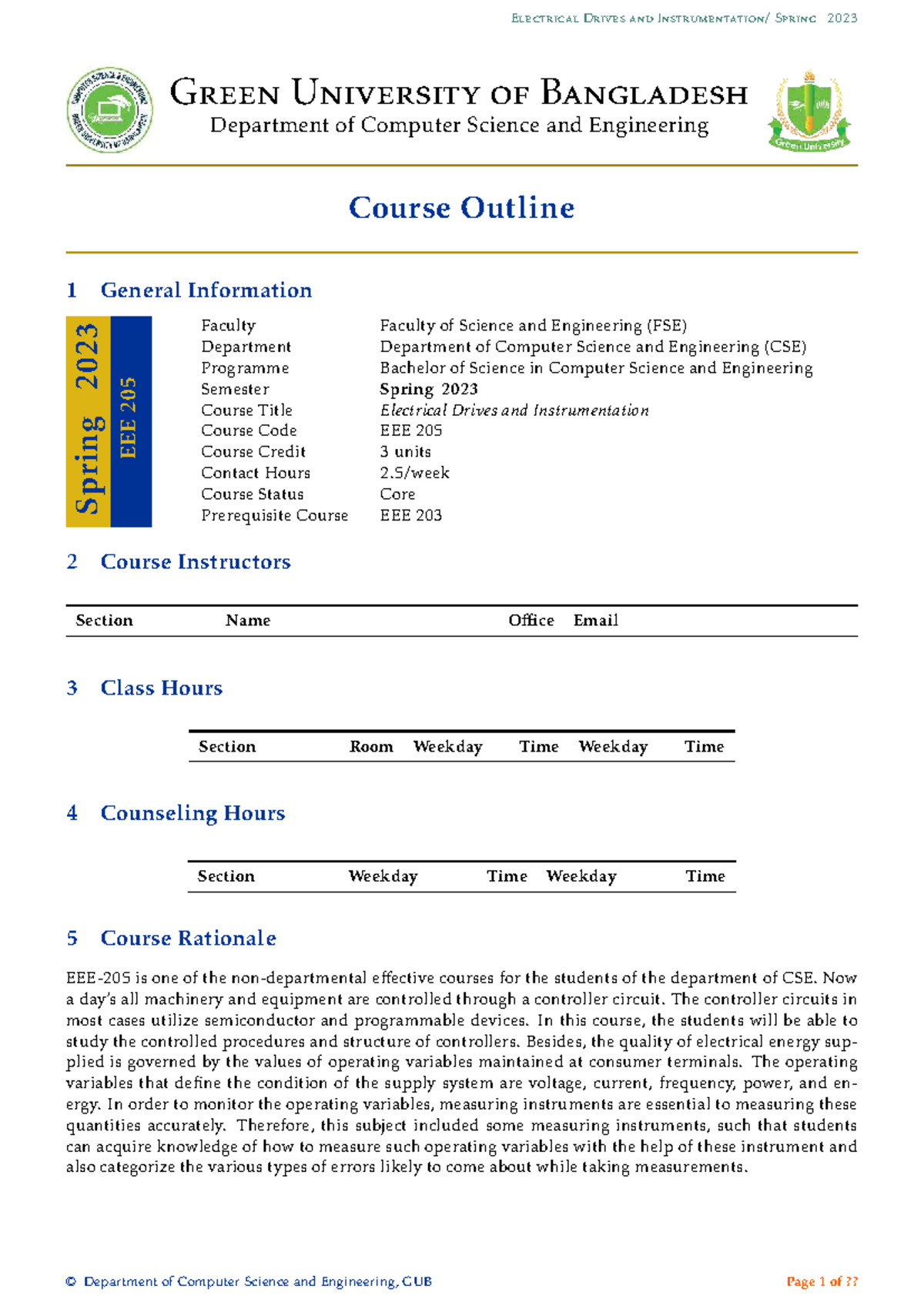EEE 205 Spring 2023 Course Outline: Electrical Drives & Instrumentation ...