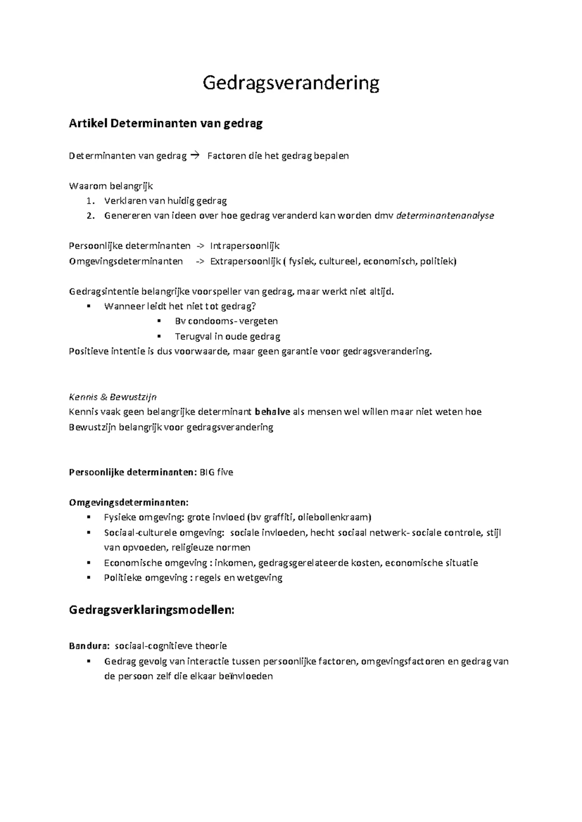 Samenvatting Gedragsverandering: Determinanten van gedrag ...