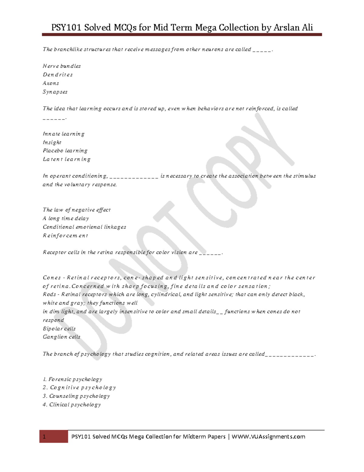 PSY101-MCQs Collection for Midterm Exam Preparation - Studocu