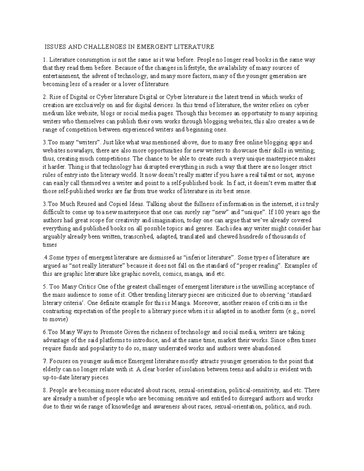 Issues and Challenges in Emergent Literature (ENG 101) - Studocu