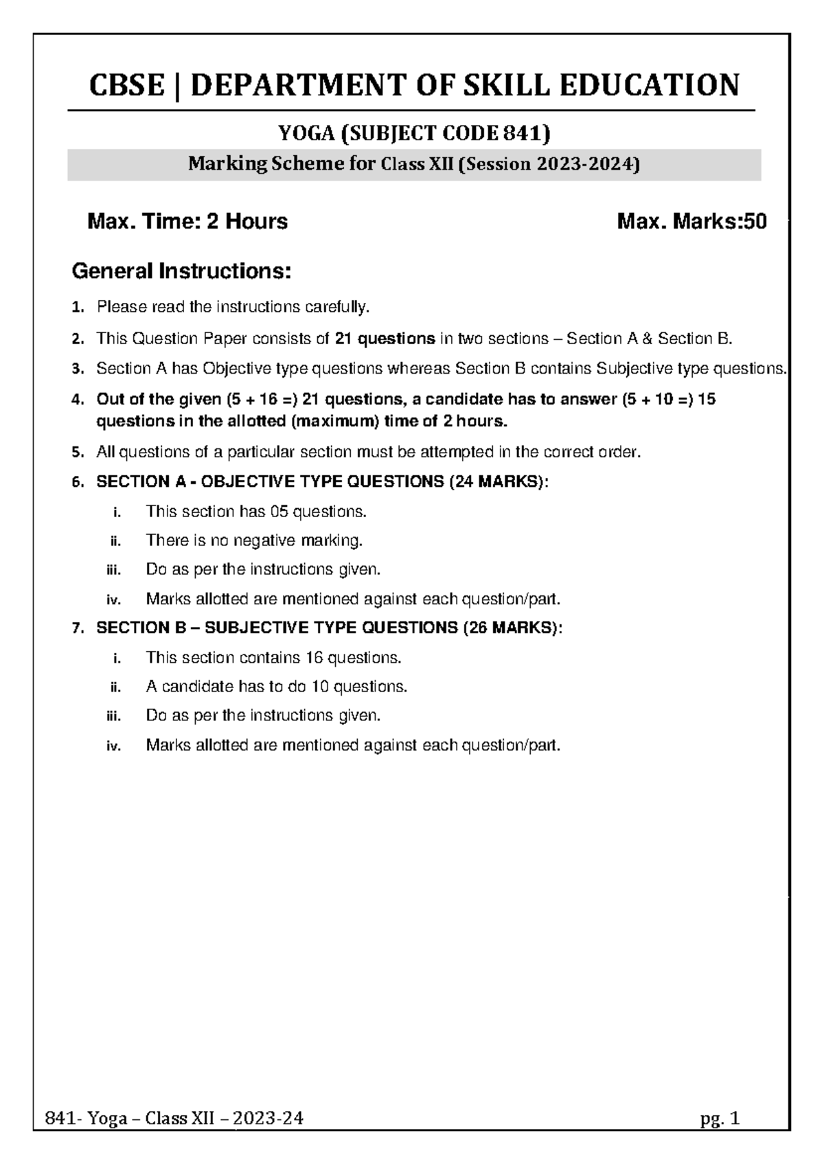 CBSE Yoga Class XII (Subject Code 841) Marking Scheme & Answer Key ...
