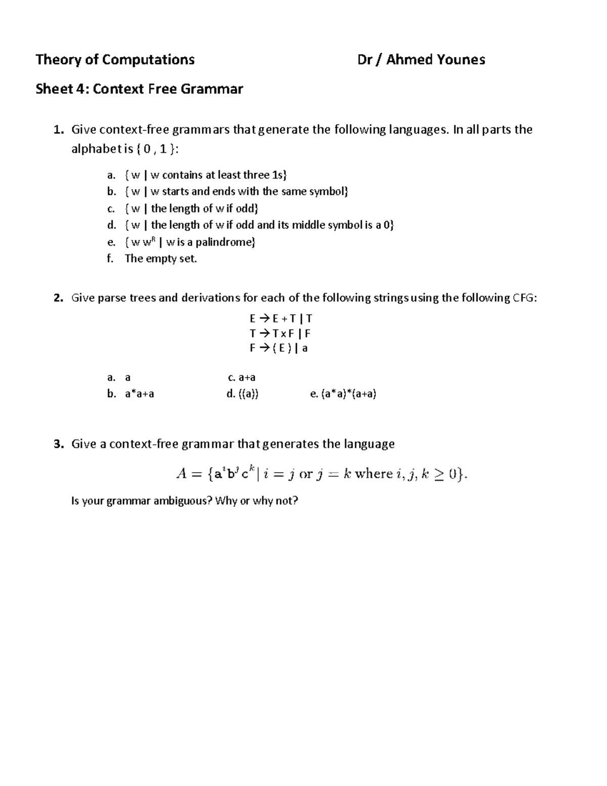 TOC sheet 4 CFG - Theory of Computations Dr / Ahmed Younes Sheet 4 ...